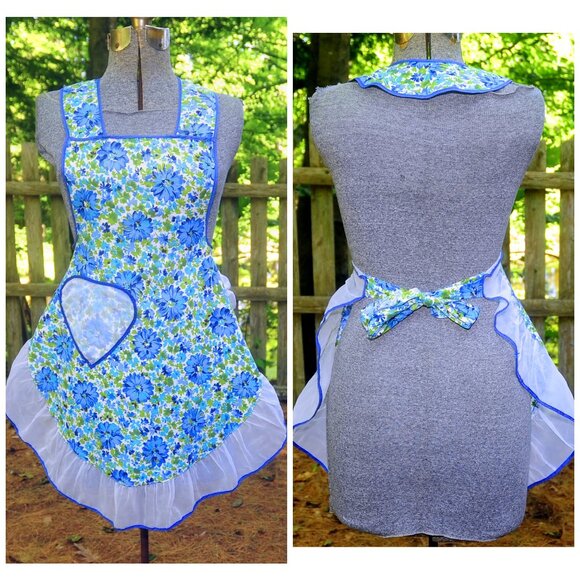 Vintage | Other | Vtg Bright Blue Floral Print Fancy Full Apron Heart ...